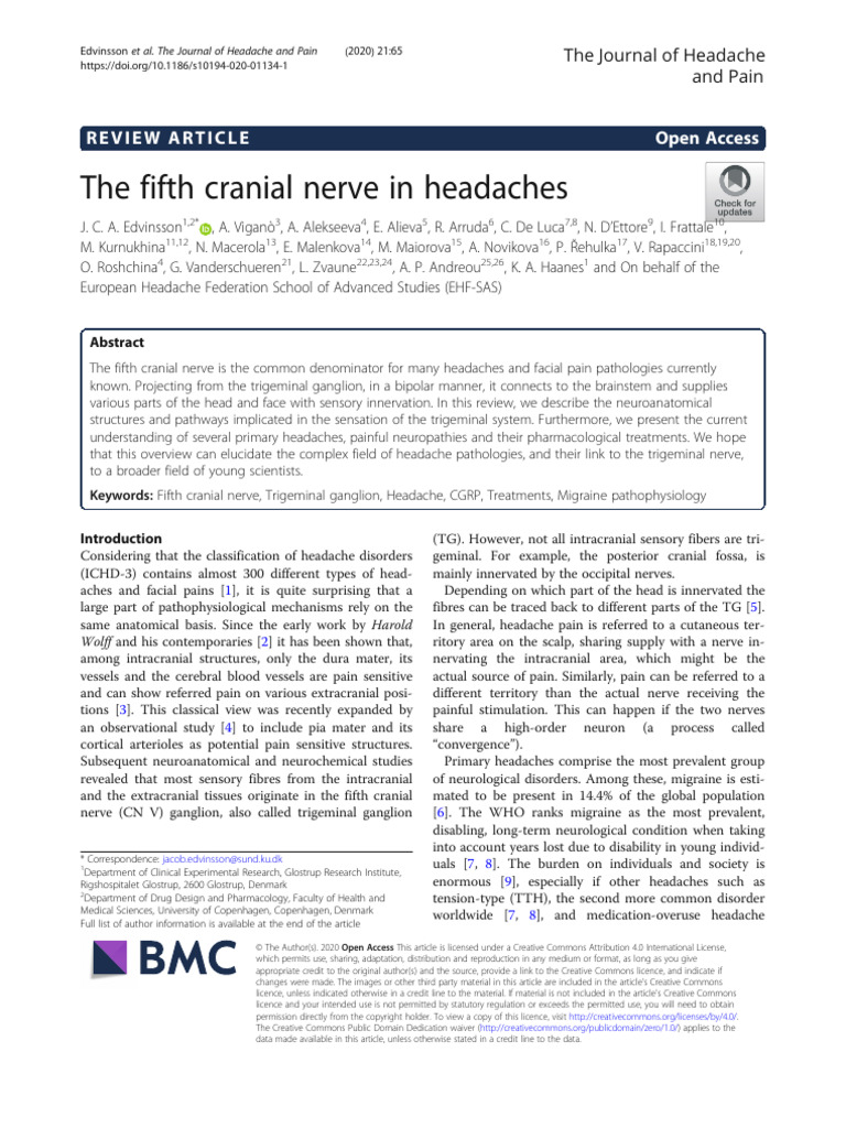 The Fifth Cranial Nerve in Headaches 2020 | PDF | Headache | Brainstem