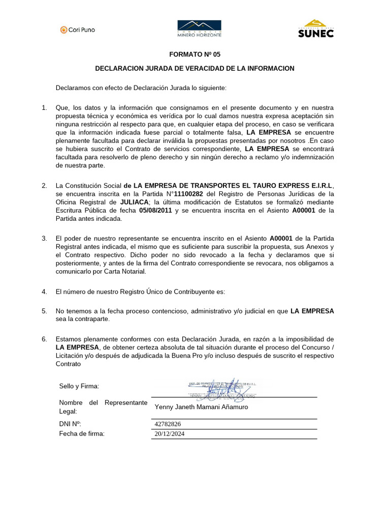 Formato #05 Declaración Jurada Veracidad Información | PDF