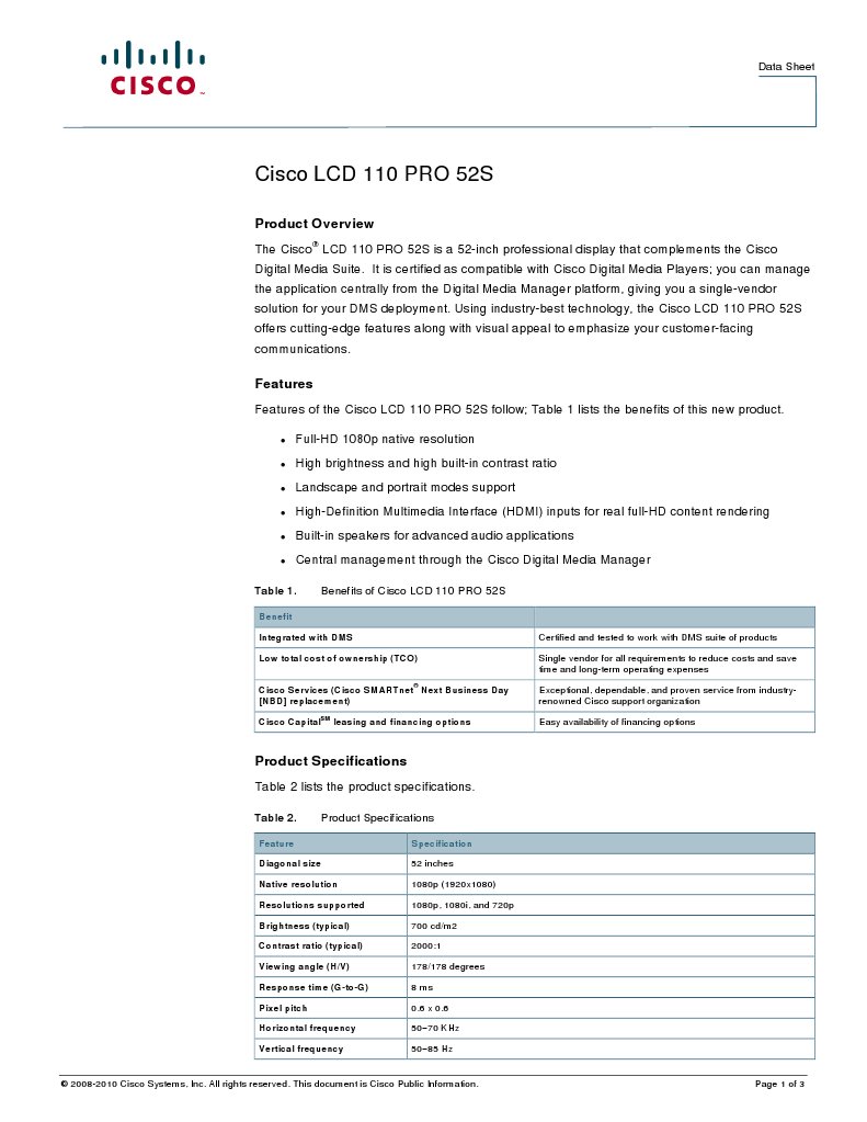 Cisco LCD 110 Pro 52s | PDF | Hdmi | Display Resolution