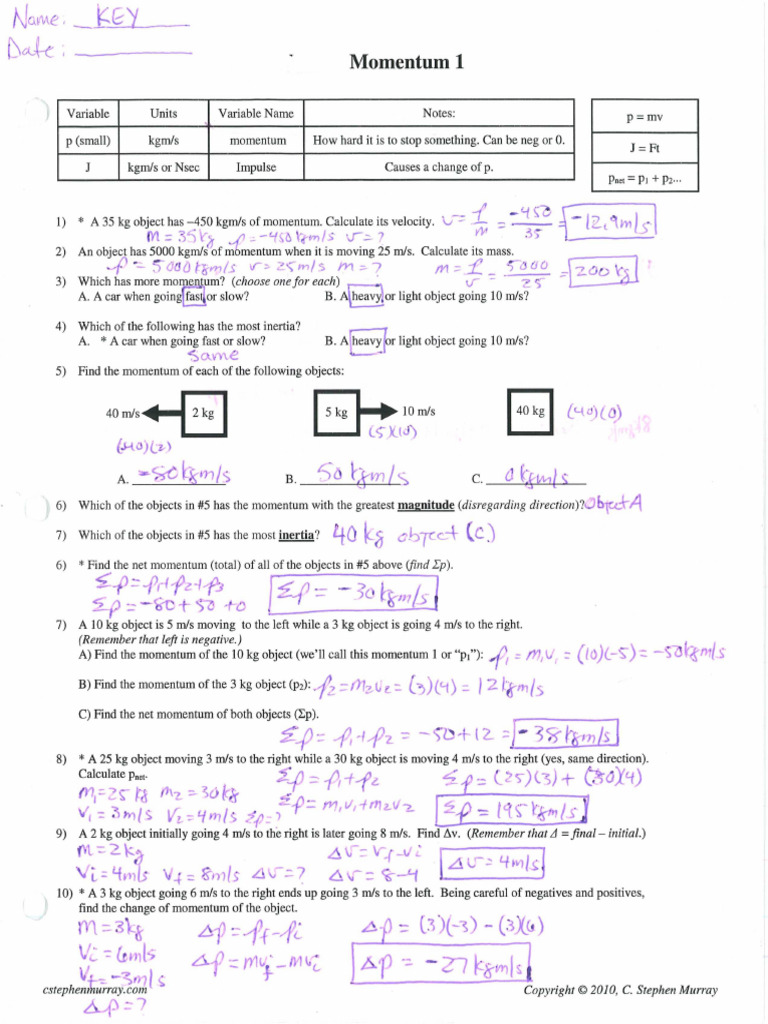 Momentum 1 ws KEY | PDF | Momentum | Mechanical Engineering