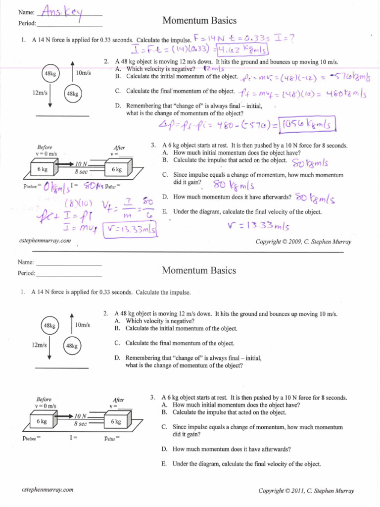 Momentum Basics ws KEY | PDF | Force | Momentum
