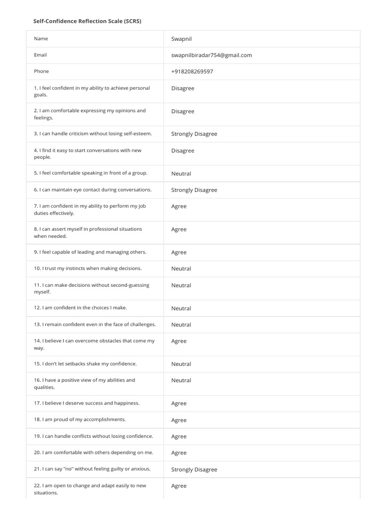 Self Confidence Reflection Scale SCRS | PDF