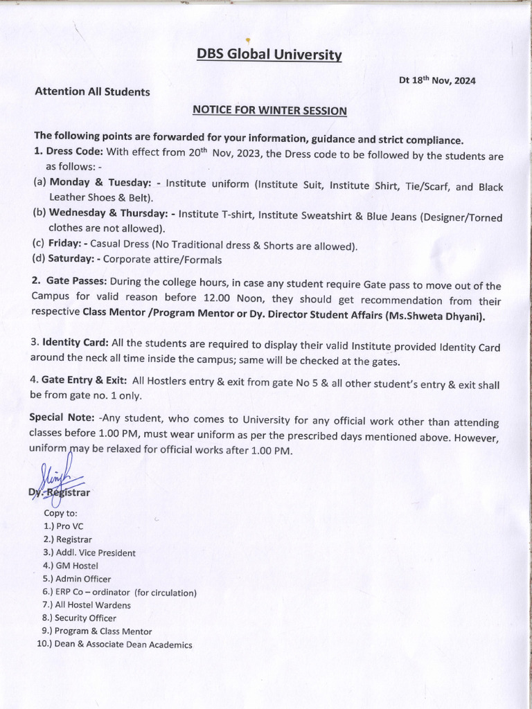Uniform Notice Winter Session-2024 -25 | PDF