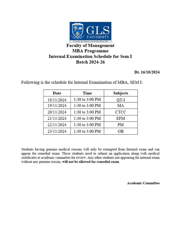 SEM-1 Internal and Remedial Exam Schedule | PDF