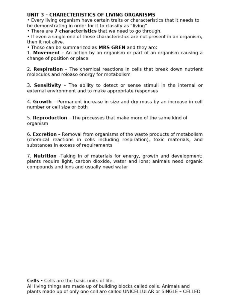UNIT 3 Characteristics of living things | PDF | Cell (Biology) | Organisms