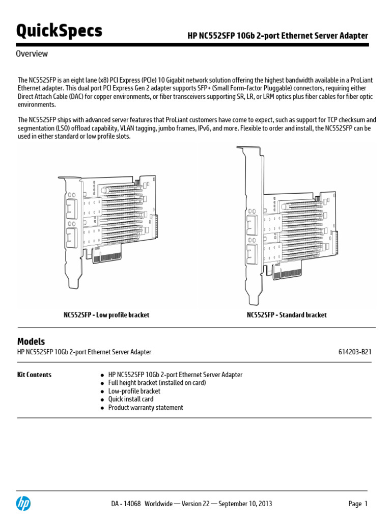 HP NC552SFP 10Gb 2-Port Ethernet Server Adapter-C04148619-1 | PDF ...