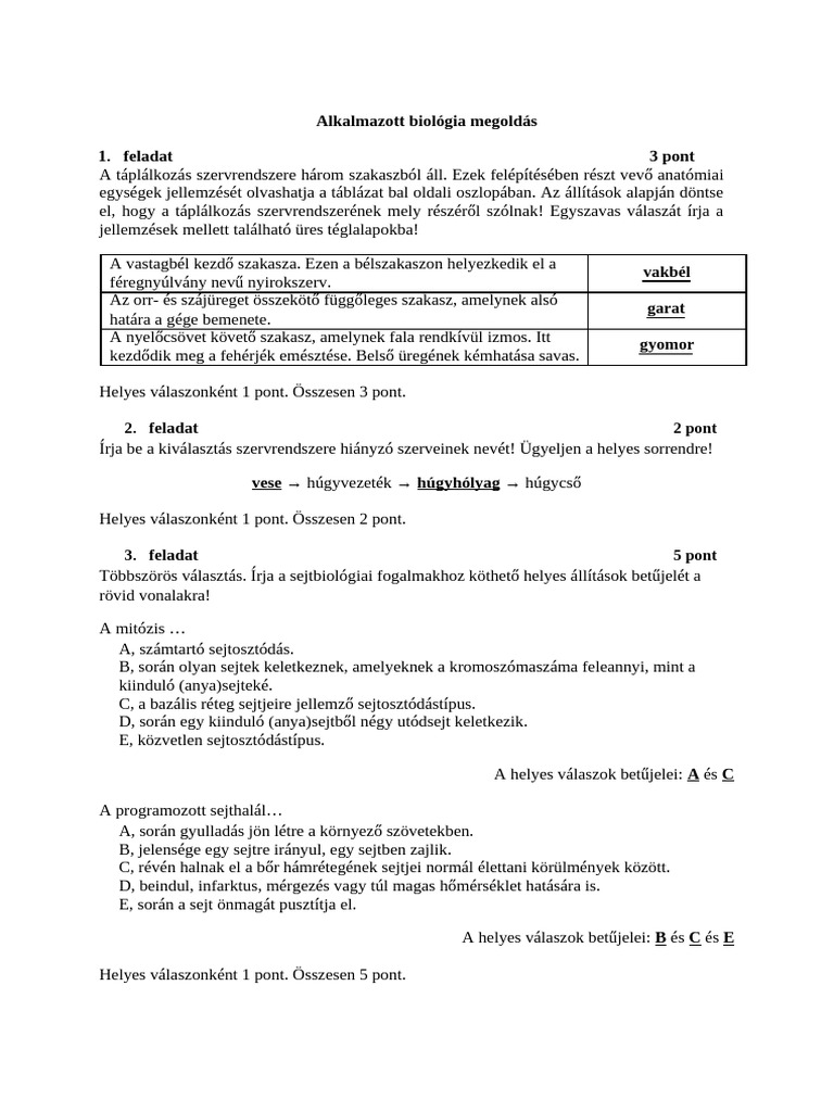 Ágazati Vizsga Alkalmazott Biológia Megoldás 10K 2024 | PDF