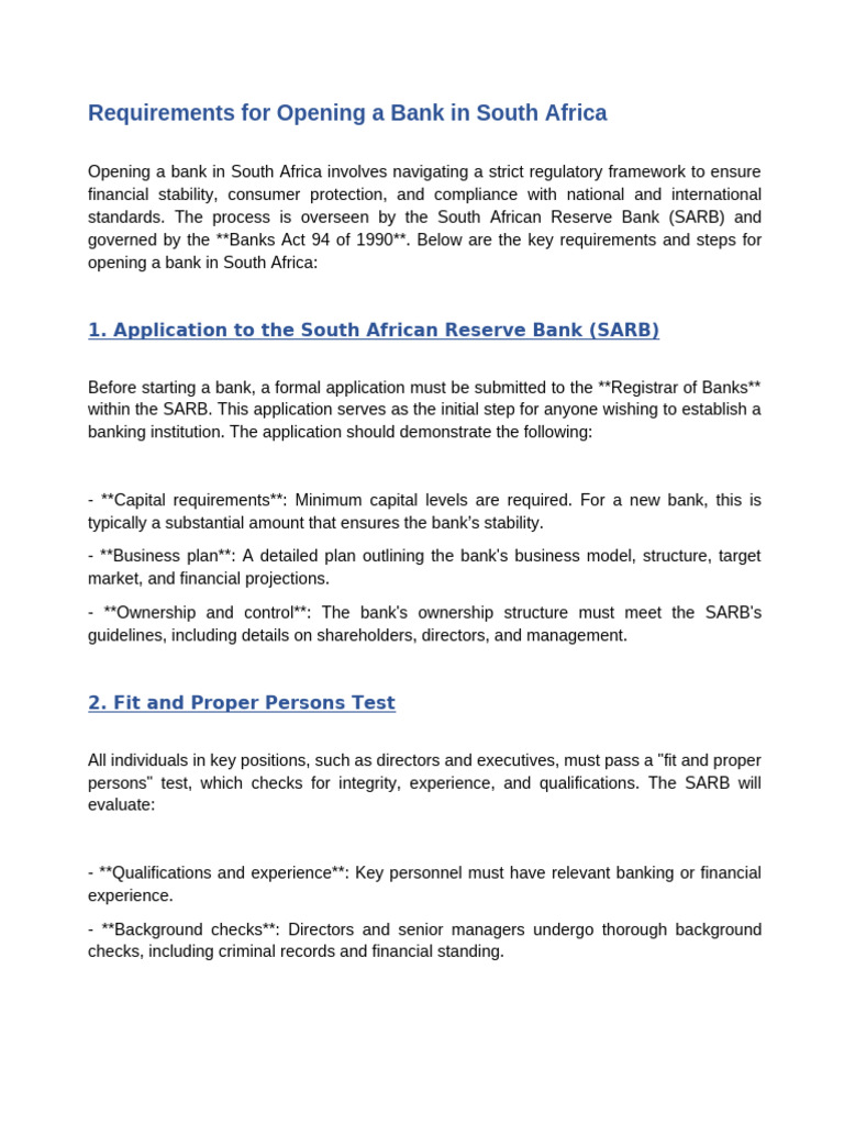 Opening a Bank in South Africa: Requirements | PDF | Regulatory ...