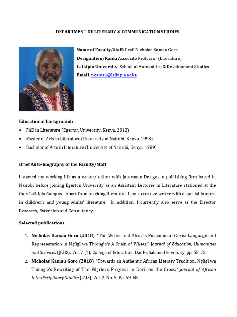 Prof Nicholas Kamau Goro | PDF | Liberal Arts Education