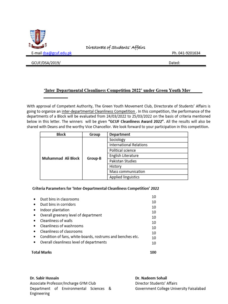 Inter-Departmental Cleanliness Competition | PDF | Science | Liberal ...