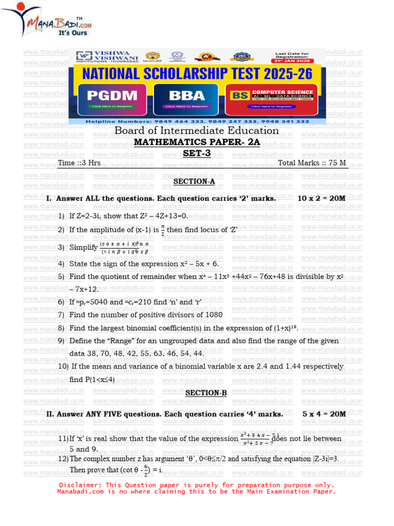 Inter 2nd Year Maths IIA Set 3 | PDF | Discrete Mathematics | Algebra