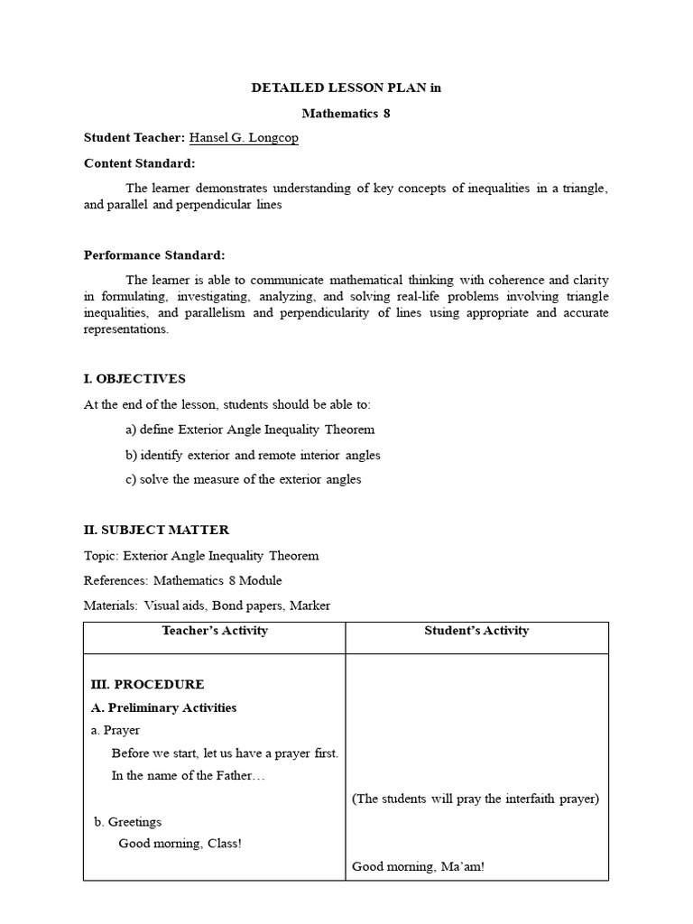 Exterior Angle Inequality Lesson Plan | PDF | Triangle | Angle