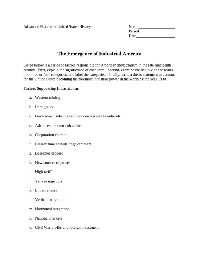 Indusrialization of America Worksheet | PDF