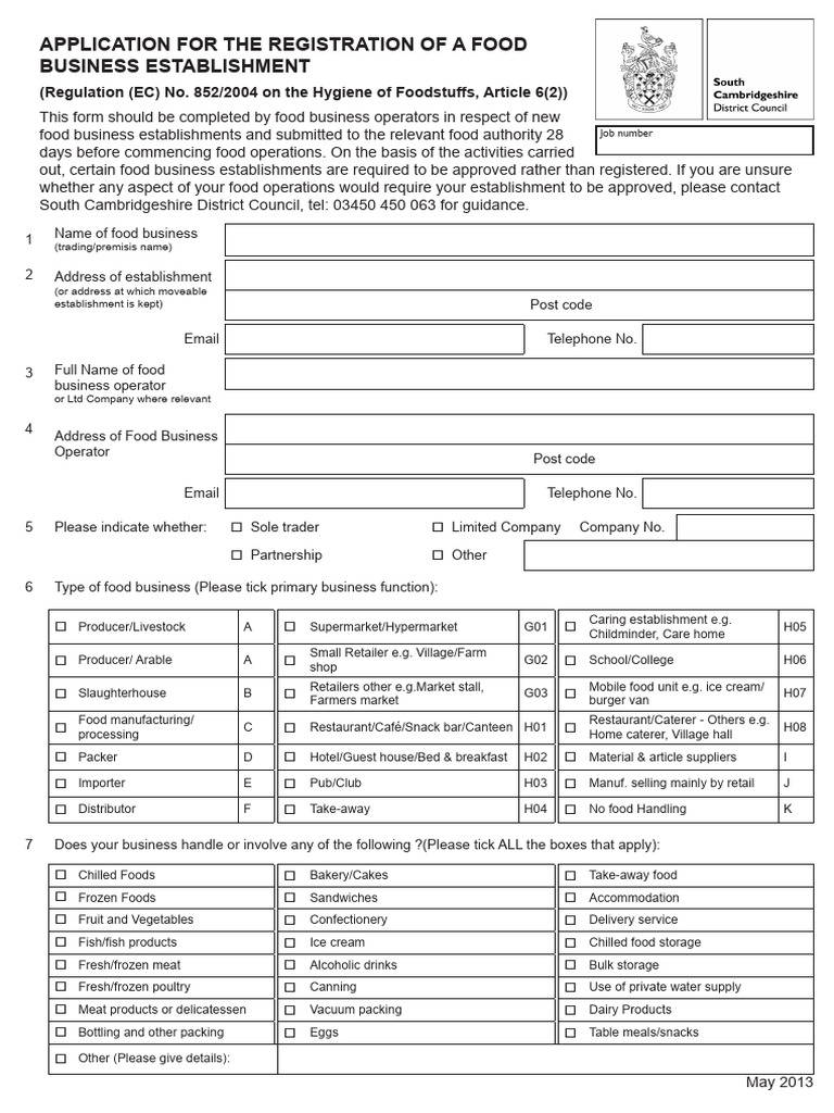 Food Registration Form 2013 B | PDF | Meal | Food Industry