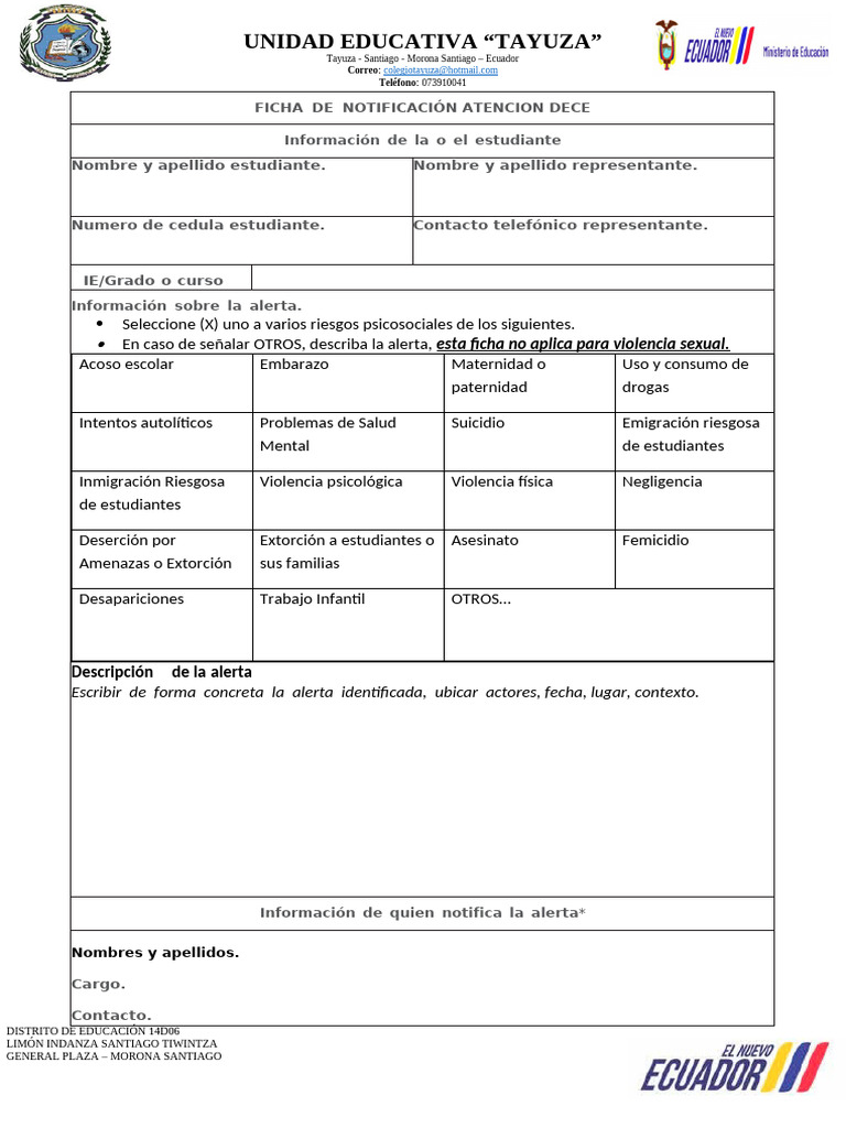 FICHA DE NOTIFICACIÓN ATENCION DECE | PDF | Violencia | Agresión