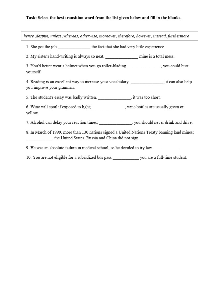Exercise Using Transition Words | PDF