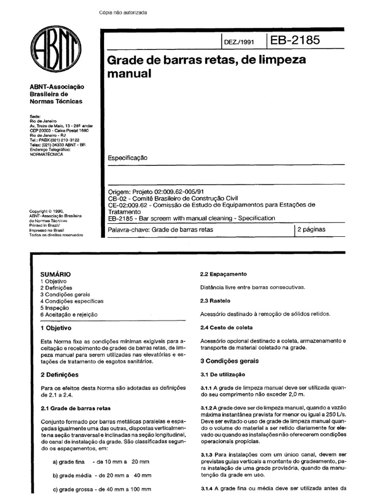 NBR 11885 EB 2185 - Grade de Barras Retas de Limpeza Manual | PDF