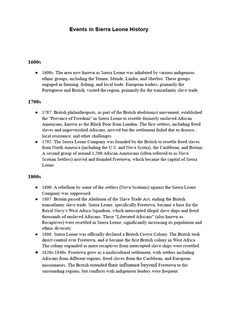 Events in Sierra Leone History | PDF | Sierra Leone | Atlantic Slave Trade