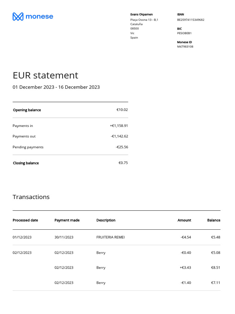 EUR Statement: Dec 1-16, 2023 Summary | PDF | Service Industries | Money