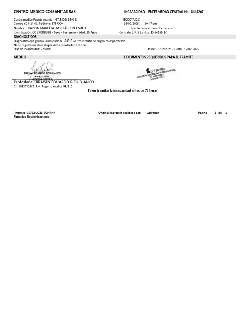 Incapacidad por Gastroenteritis | PDF