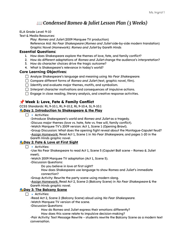 ? Condensed Romeo and Juliet Lesson Plan (3 Weeks) | PDF | Romeo And ...