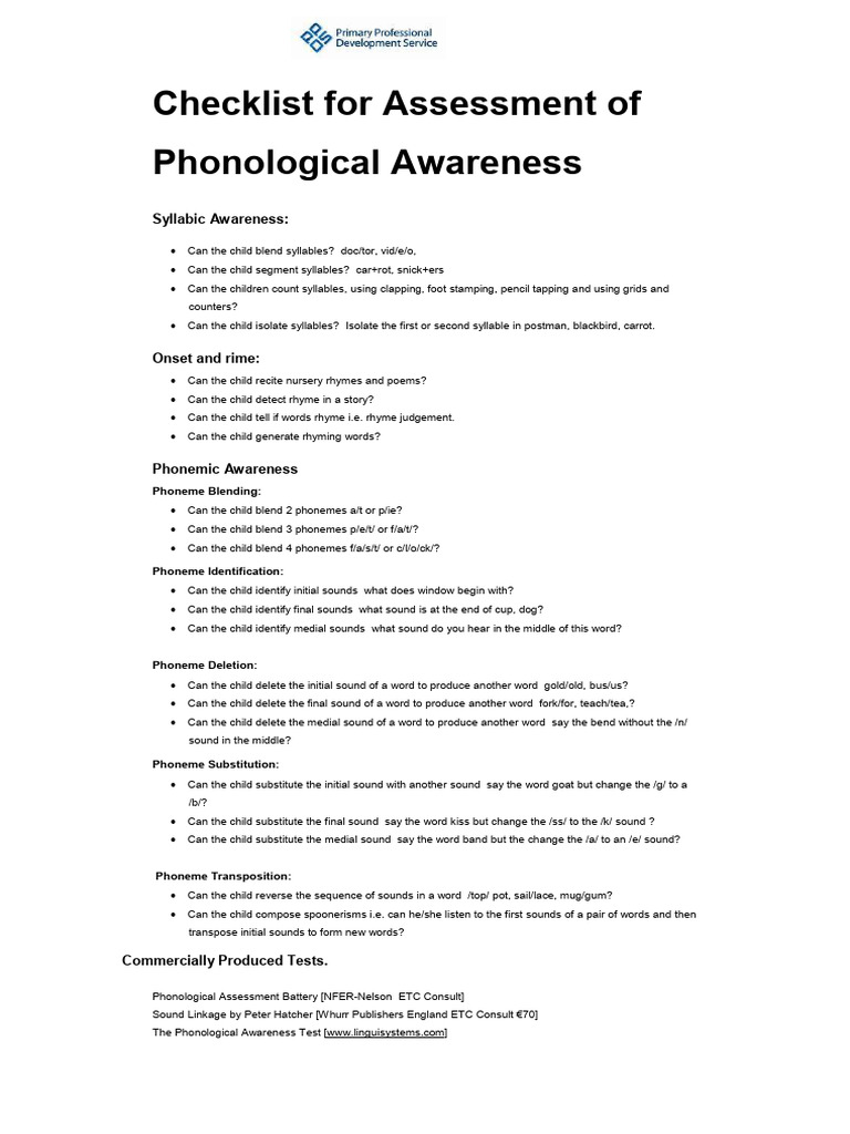 Phonological Awareness Assessment Checklist | PDF