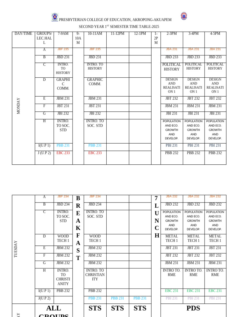 2025 Level 200 Sem 1 Time Table | PDF | Mathematics | Ghana