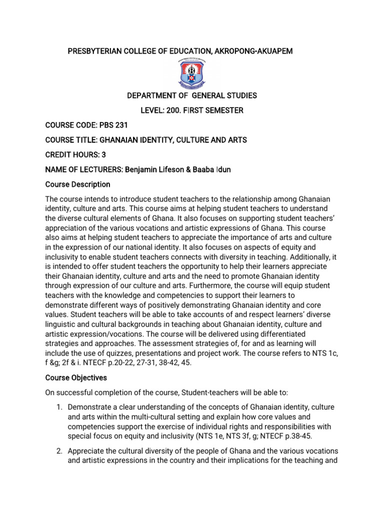 Course Outline-Ghanaian Identity Culture and Art | PDF | Vocational ...