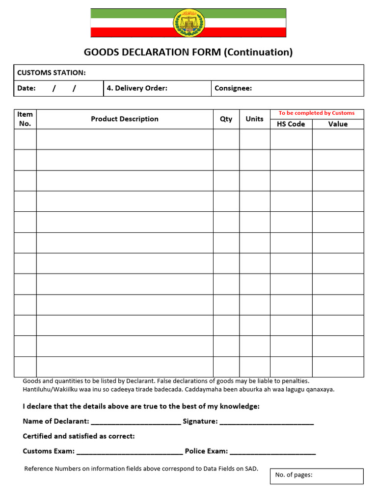 Custom Goods Declaration Form Continuation Sheet | PDF