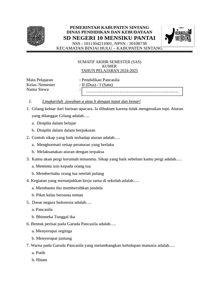 Soal UAS KLS 2 Pendidikan Pancasila | PDF