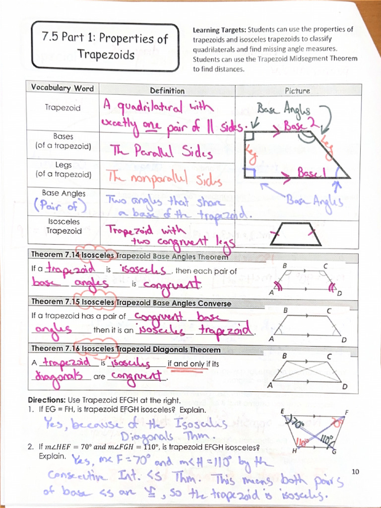 Notes 7.5 Part 1 Properties of Trapezoids | PDF