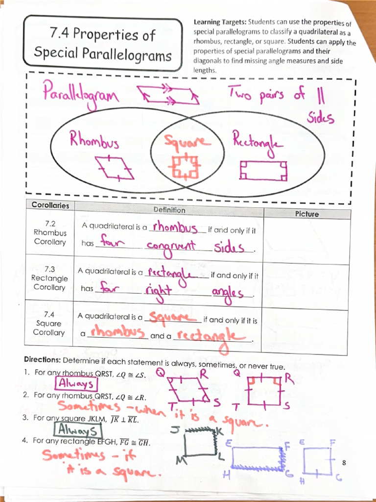 Notes 7.4 Properties of Special Parallelograms | PDF