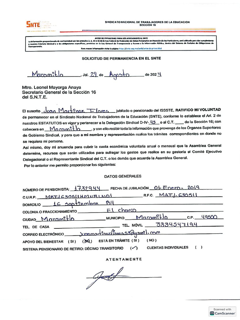 solicitud de permanencia en el snte | PDF