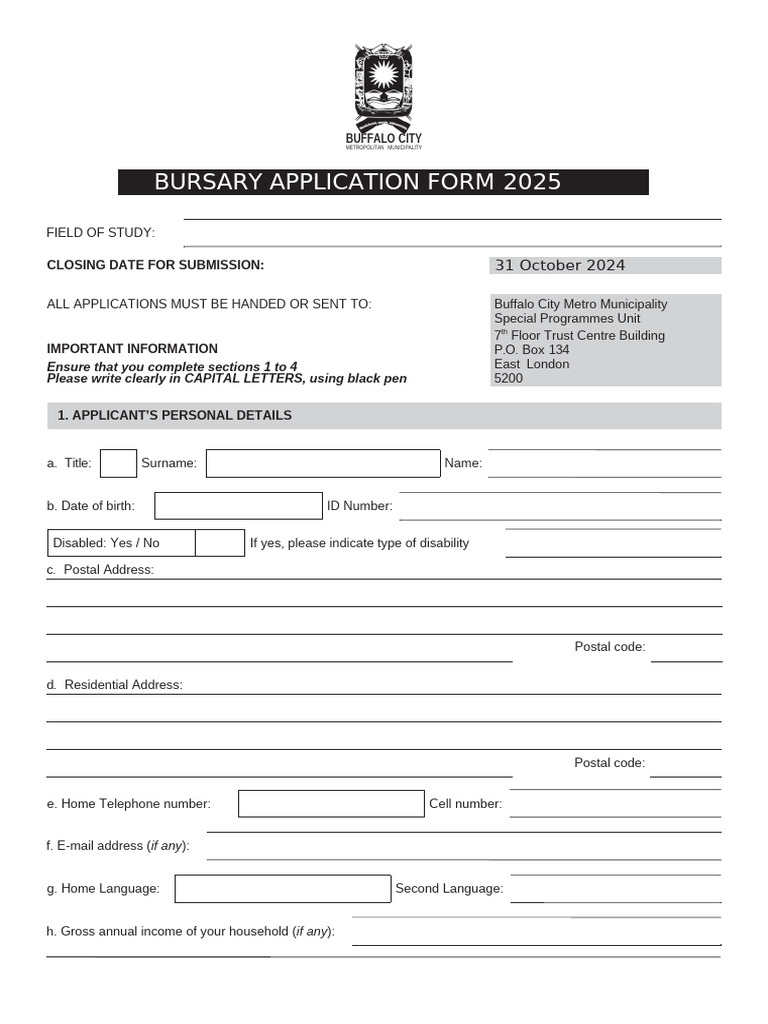 Buffalo City Metropolitan Municipality Bursary Application Form 2025 | PDF