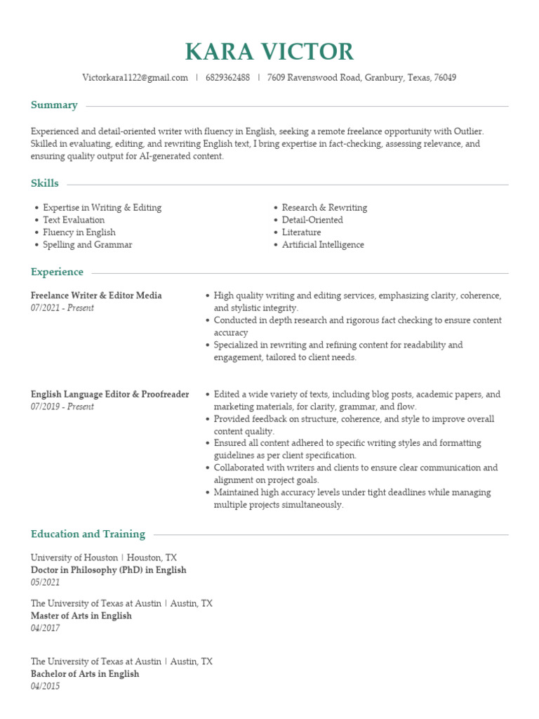 Victor Kara Texas CV 2024 | PDF | Editing | Multilingualism