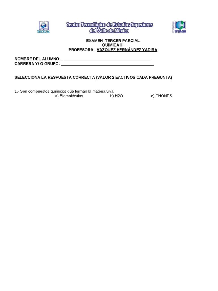 EXMEN TERCER PARCIAL QUIMICA III WORD | PDF