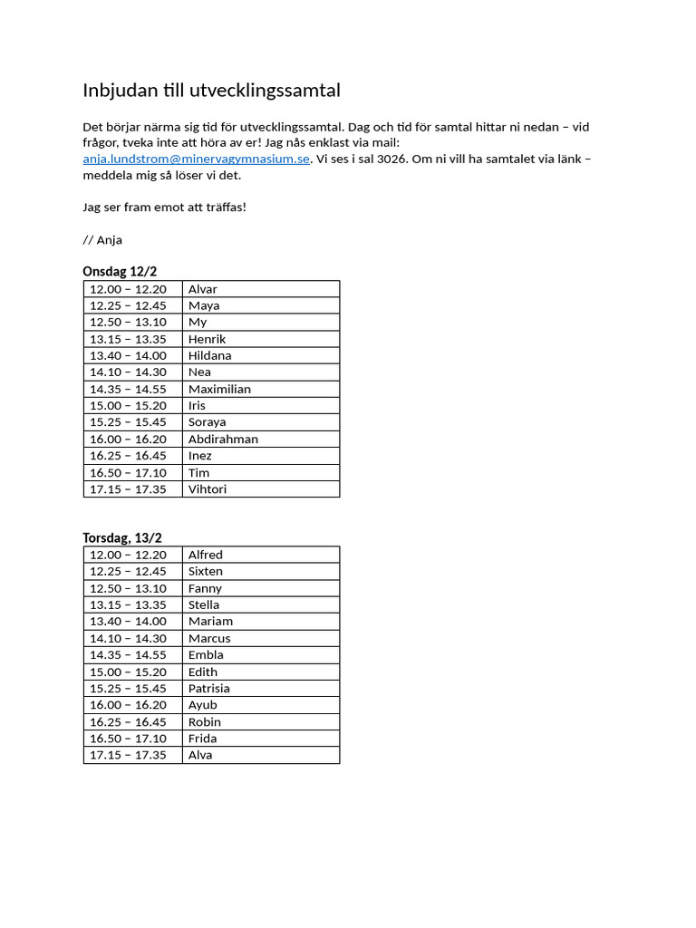 Inbjudan Till Utvecklingssamtal VT25 | PDF