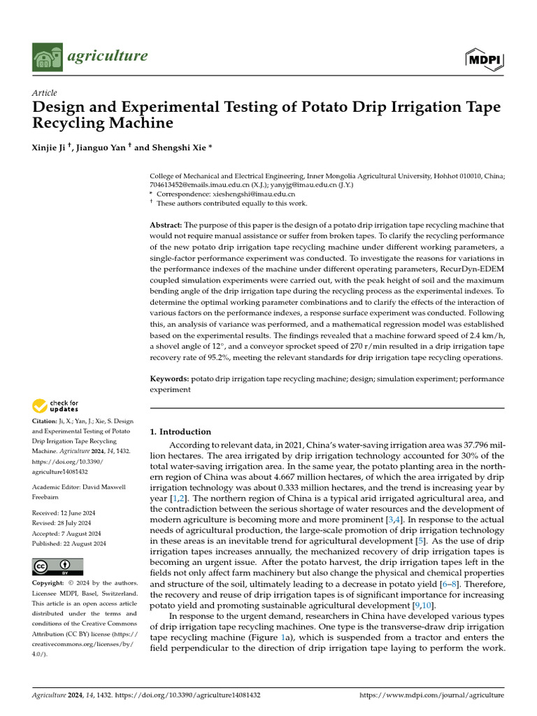 Design and Experimental Testing of Potato Drip Irr | PDF | Tractor ...