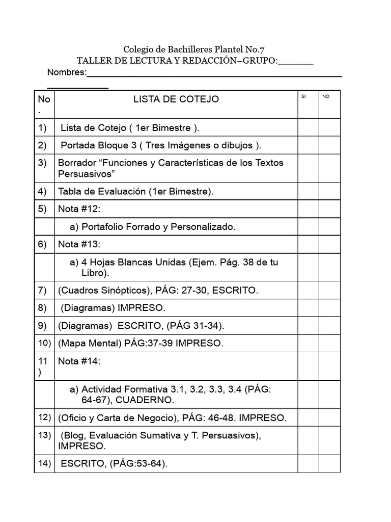 Lista de Cotejo Taller de Lectura 1er Bimestre | PDF