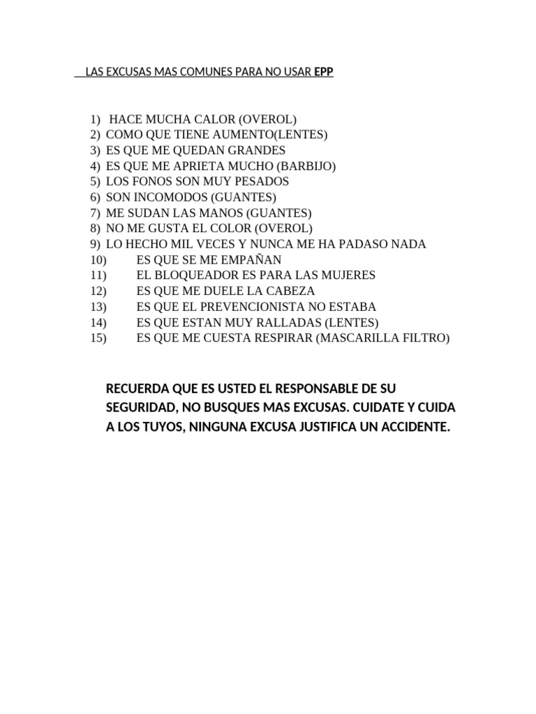 Las Excusas Mas Comunes para No Usar Epp | PDF