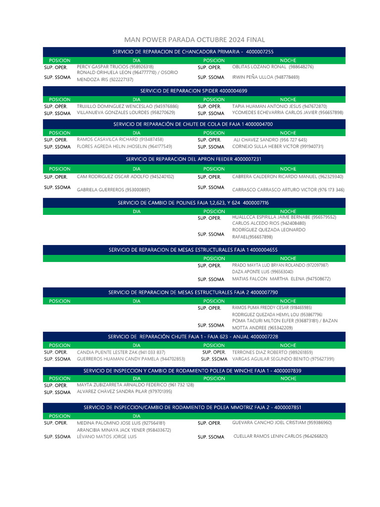 MANPOWER de Supervisión PPLA OCTUBRE | PDF
