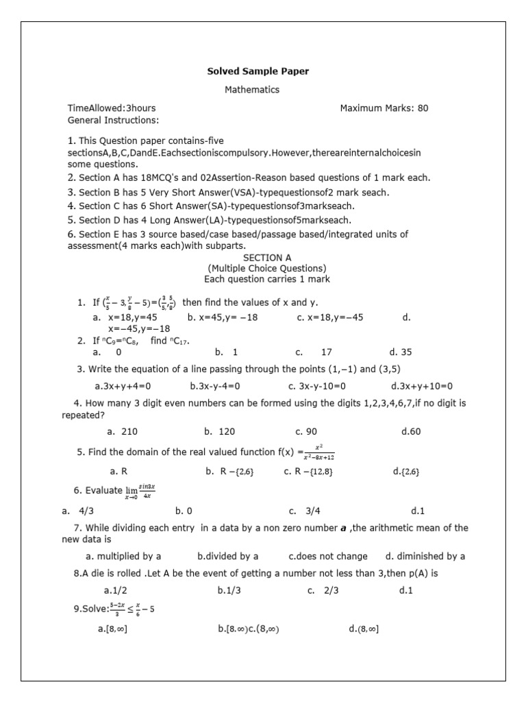 Solved Sample Paper class 11 | PDF | Angle | Mathematics