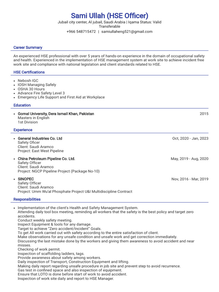 Sami Ullah HSE Officer | PDF | Occupational Safety And Health | Safety