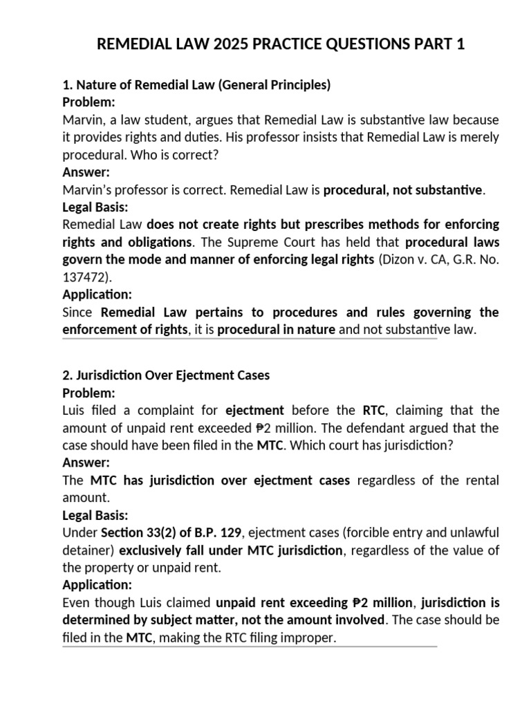 Remedial Law 2025 Practice Questions Part 1 | PDF | Habeas Corpus | Lawsuit