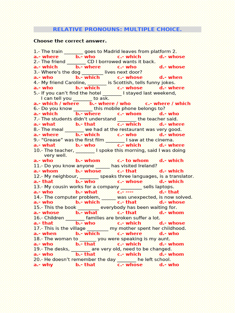 Relative Pronouns: MCQ Practice | PDF