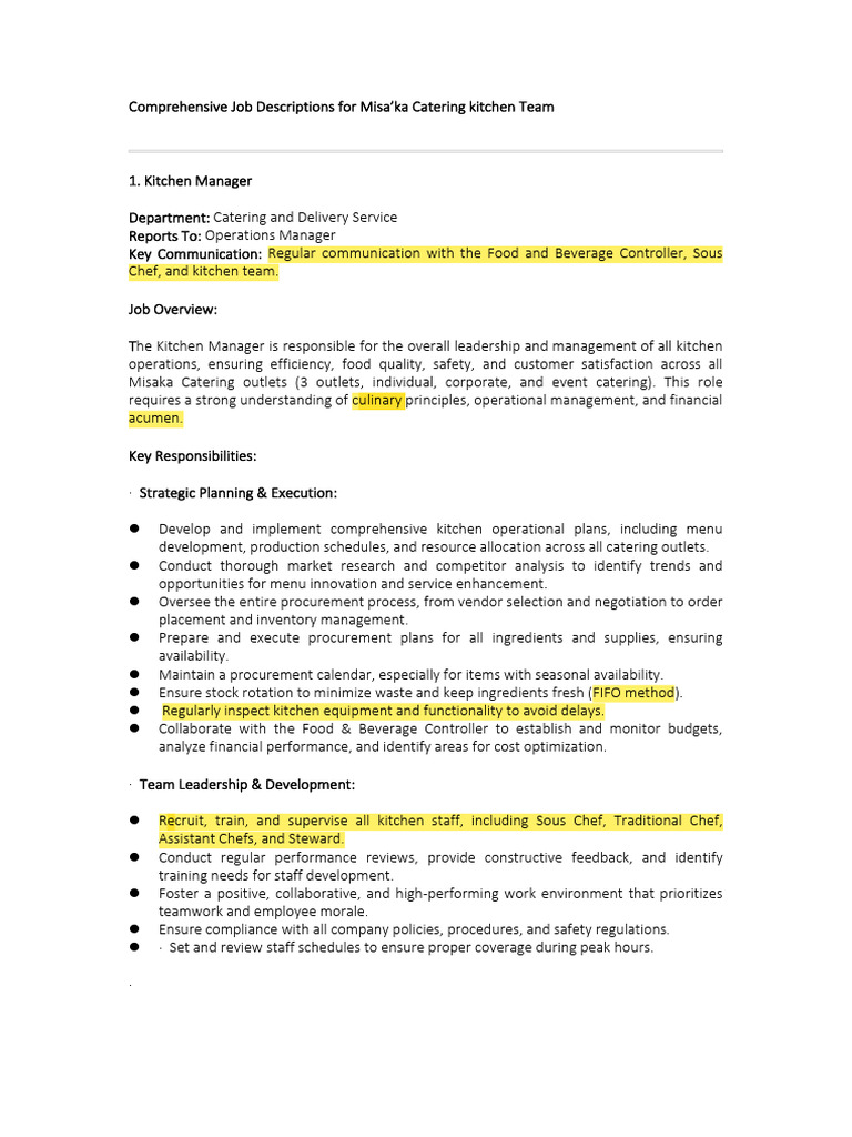 Comprehensive_Job_Descriptions_for_Misaka[1] | PDF | Chef | Kitchen