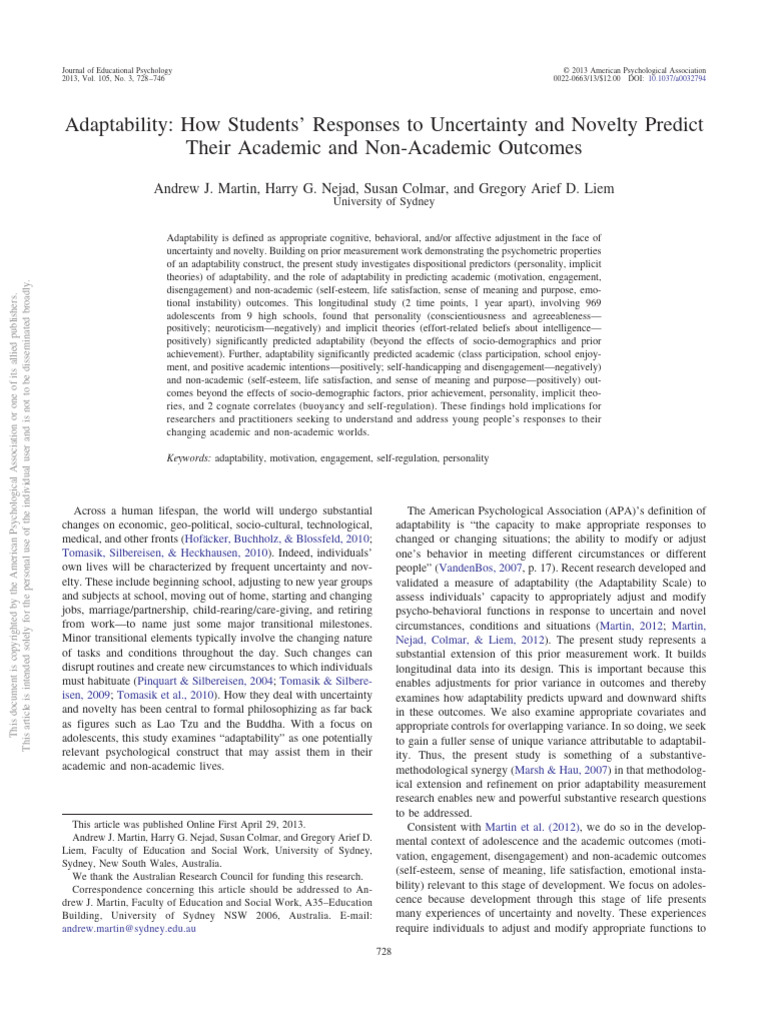 Adaptability: How Students' Responses To Uncertainty and Novelty ...