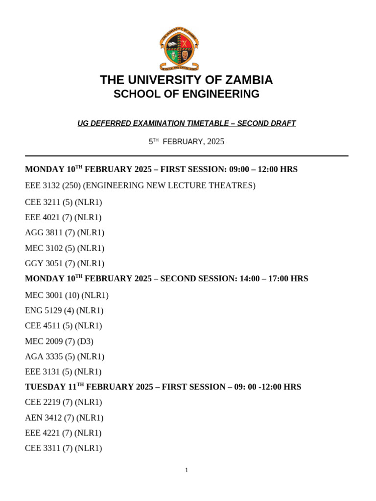 Second Draft Ug Deferred Examination Timetable (2025) | PDF