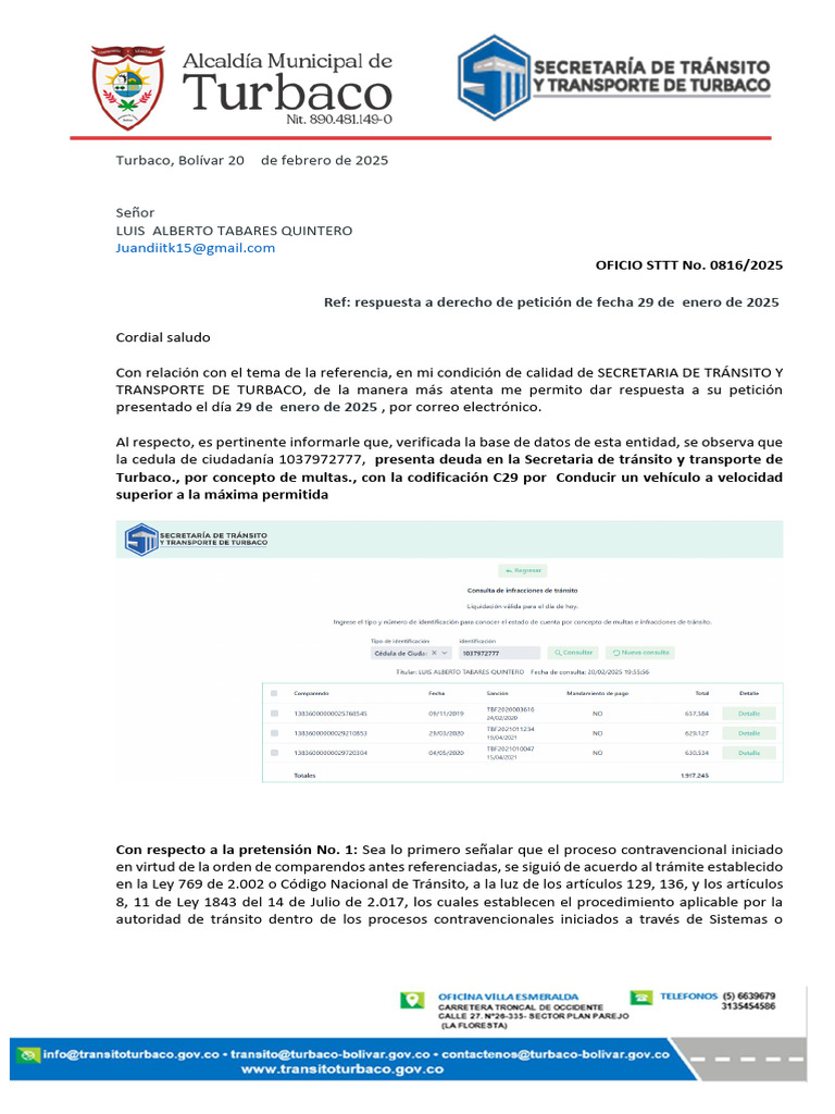 Luis Alberto Tabares Quintana Respuesta DERECHO DE PETICION | PDF ...