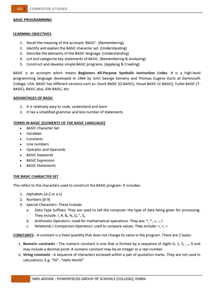 BASIC PROGRAMMING | PDF | Basic | Variable (Computer Science) BASIC PROGRAMMING | PDF | Basic | Variable (Computer Science)